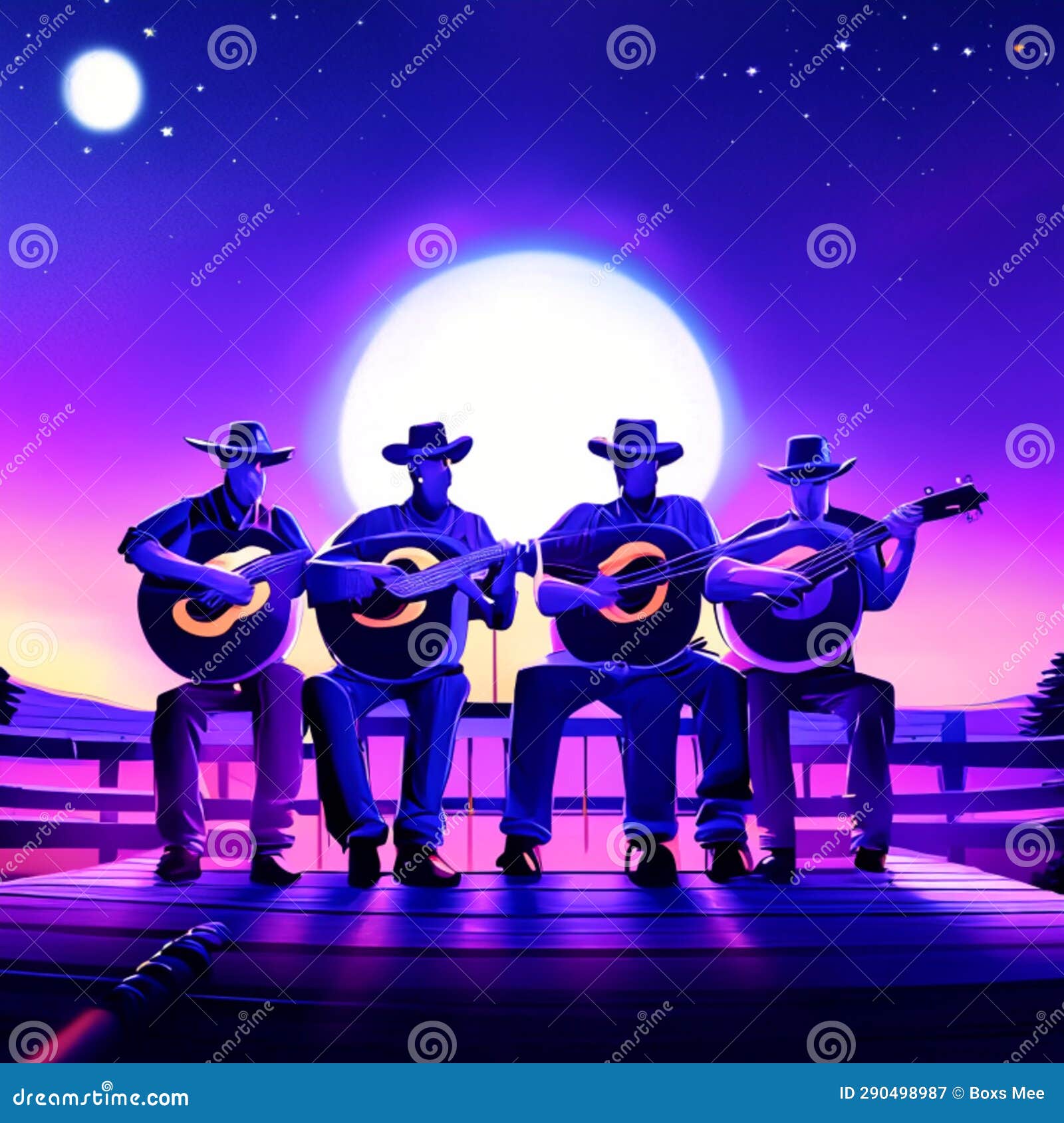 3D Rendering of a Group of Cowboy on Stage with Full Moon Generative AI ...