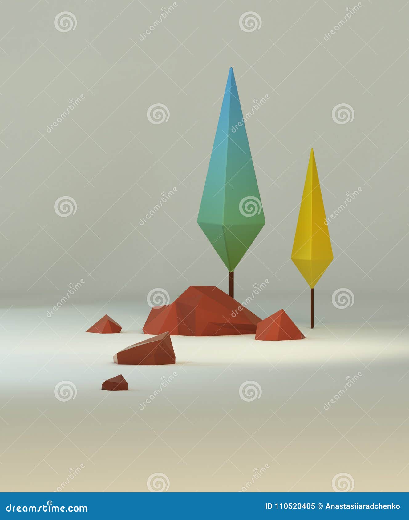 3d Rendering Group of Low Poly Stylized Trees and Rocks. Stock ...