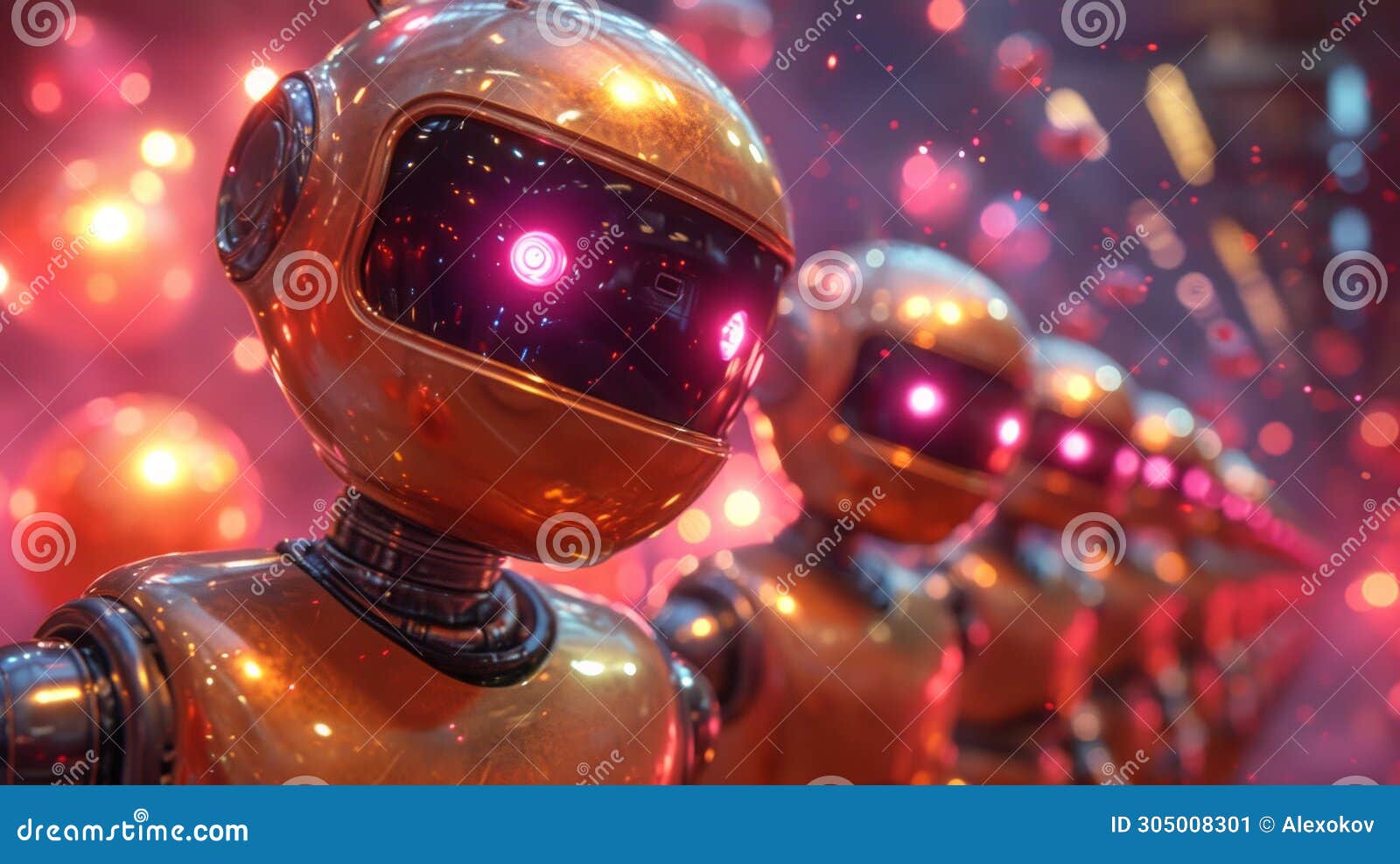 3d Rendering of a Group of Robots with Glowing Lights on the Background Generative AI Stock ...