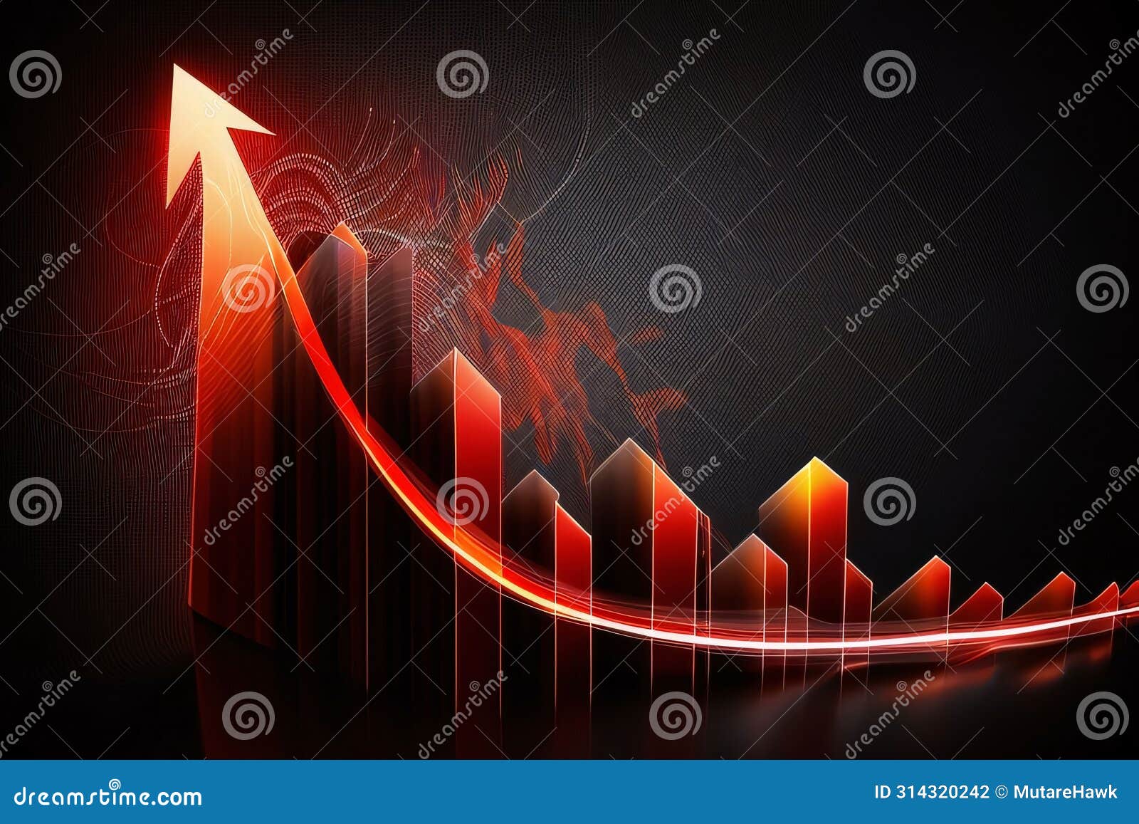 3d Rendering of Growing Graph in Dark Background with Red Arrow Sign ...