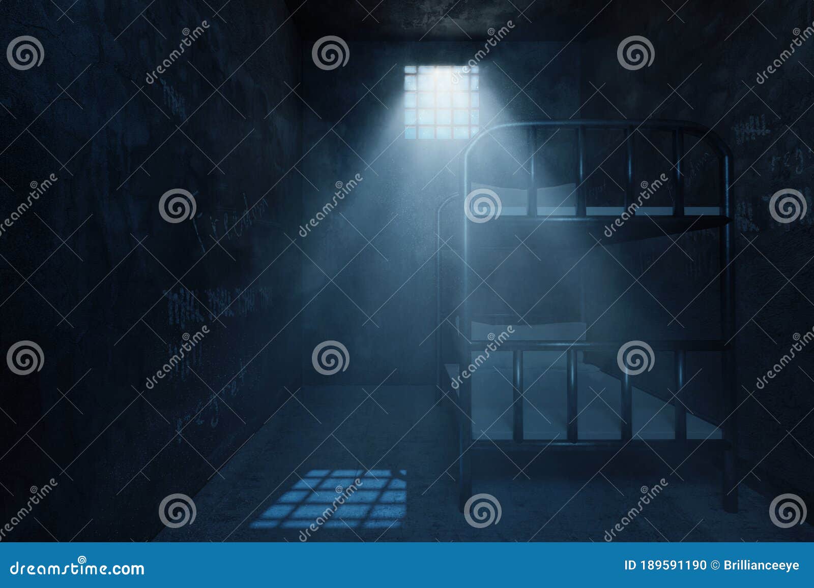 3d Rendering Of Grunge Prison Cell With Bunk Bed And Light Ray Of ...