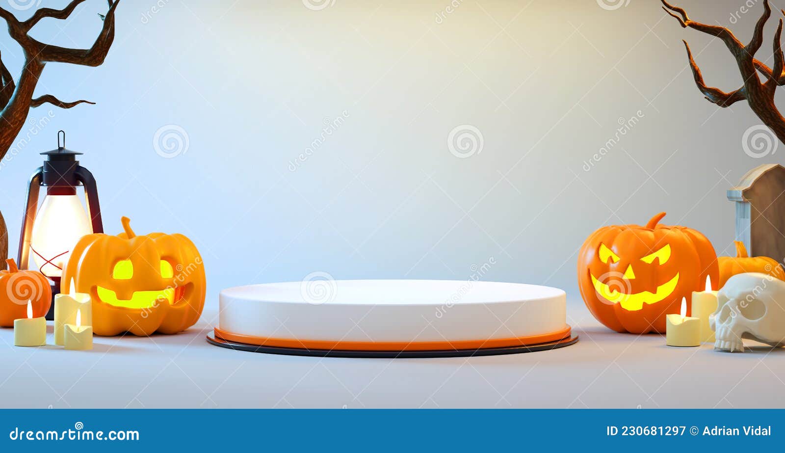 3D Rendering of a Halloween Podium Platform with Pumpkins on White ...
