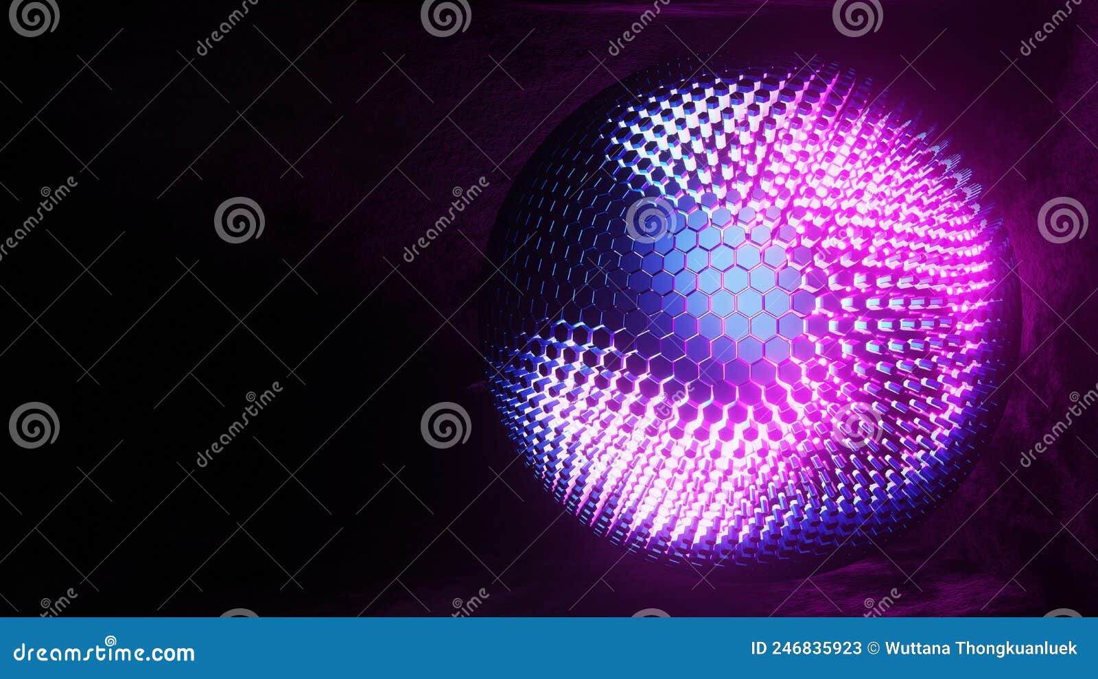 3D Rendering Hexagon Grid Sphere with Glow Edge Color in Darkroom Stock ...