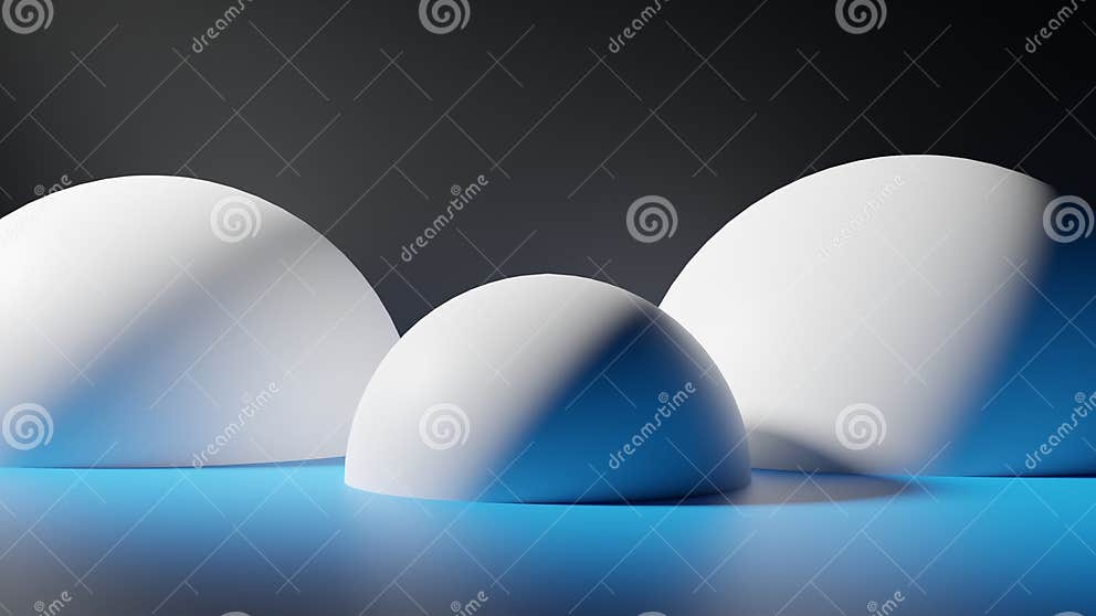 3D Rendering. 3D Illustration. Three Half Spheres in an Empty Room with ...