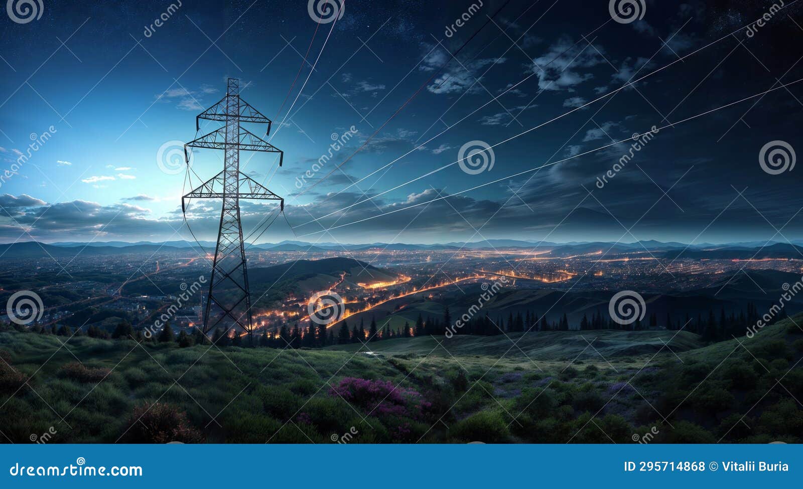 High Voltage Power Lines in the Mountains at Sunset. 3d Render ...