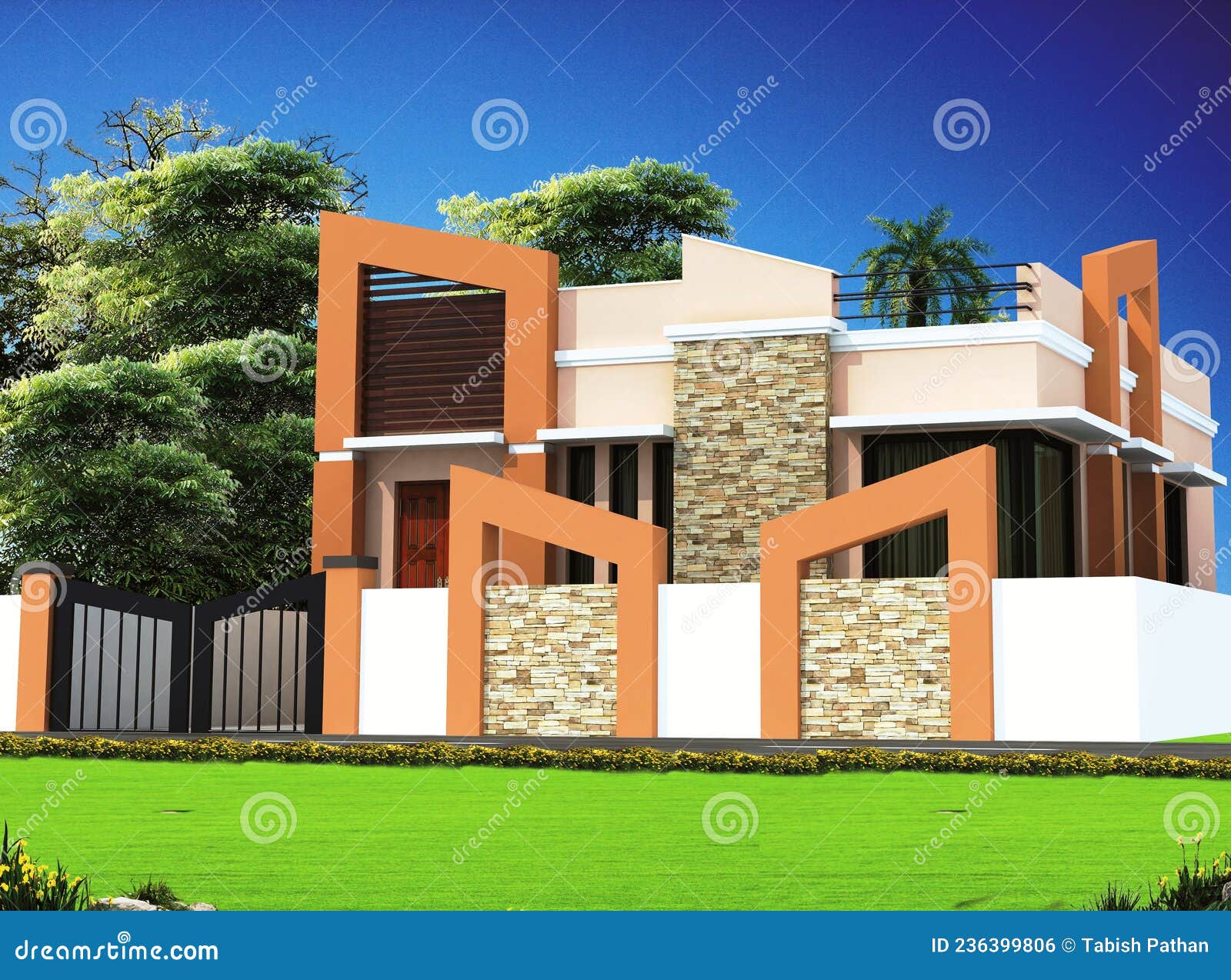 3D Rendering of a House with an Abstract Brick Exterior Design Stock ...