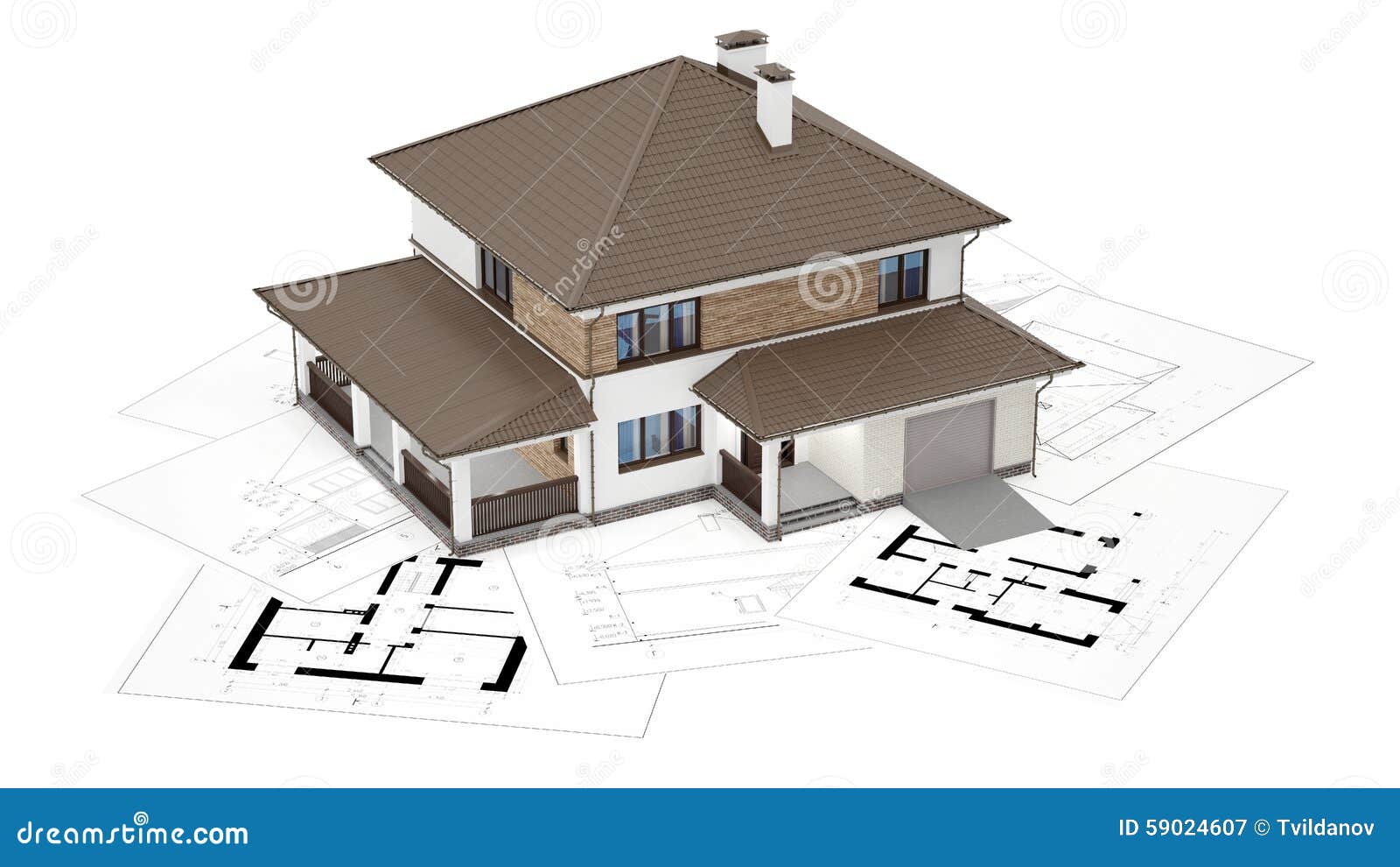 3D Rendering of a House on Top of Blueprints Stock Image - Image of ...