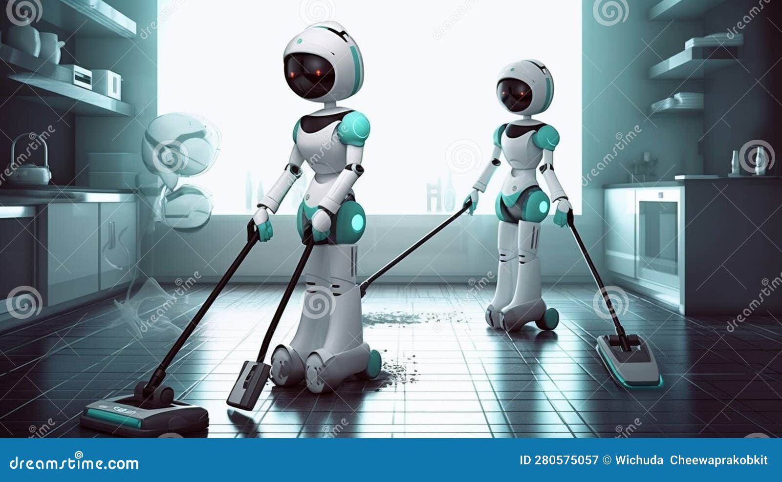 3D Rendering of a Housekeeping Robot Cleaning the Kitchen with a Vacuum ...