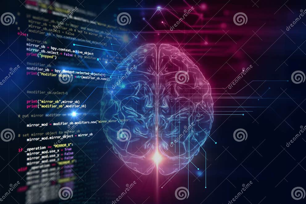 3d Rendering of Human Brain on Programming Language Background Stock ...