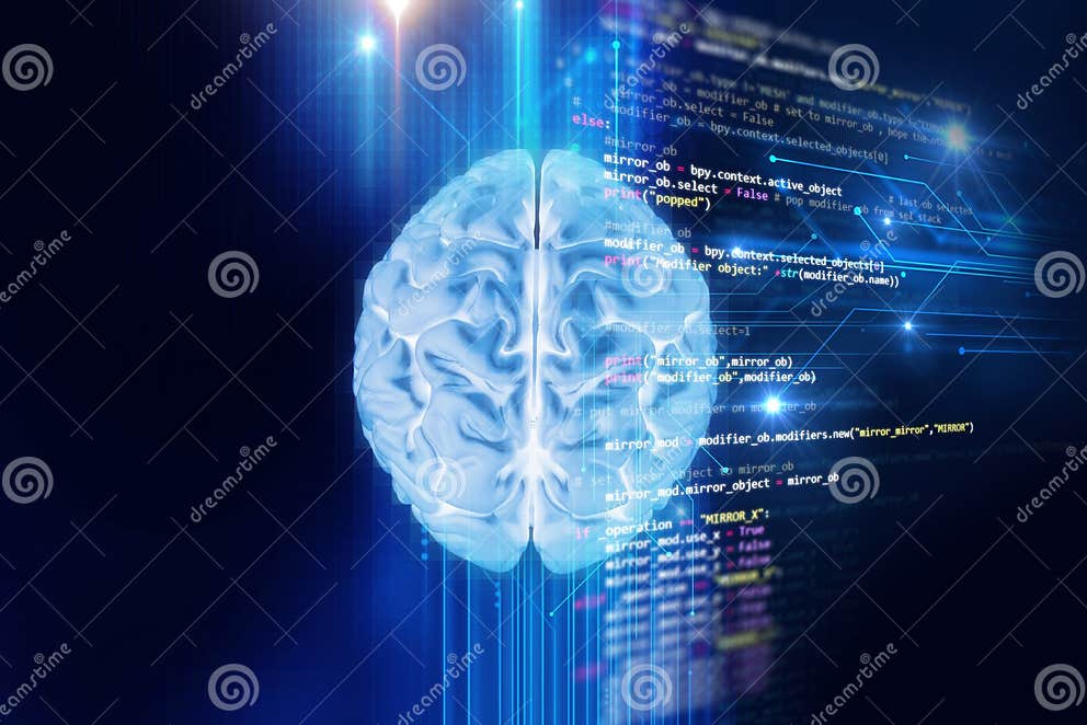 3d Rendering of Human Brain on Programming Language Background Stock ...