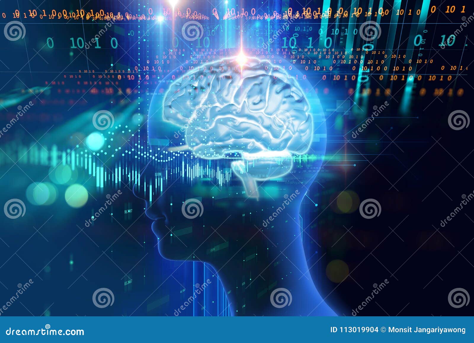 3d Rendering of Human Brain on Technology Background Stock Illustration ...