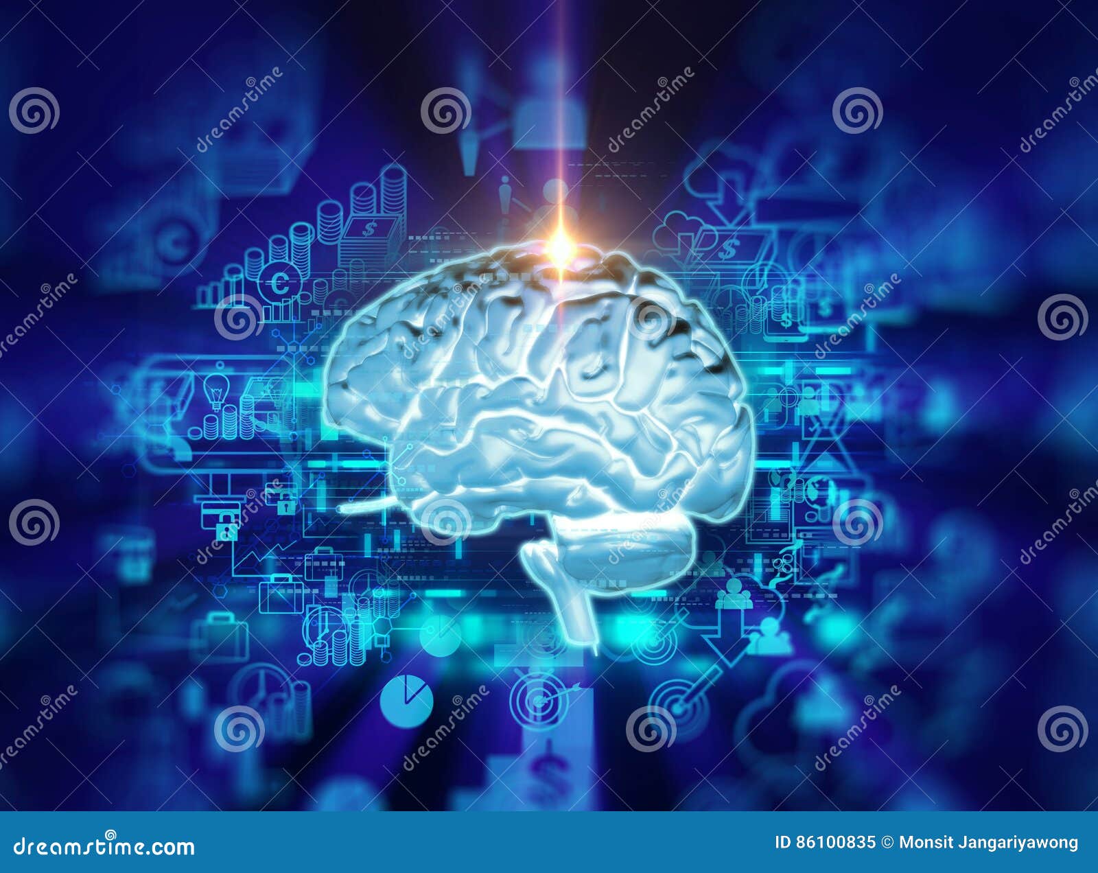 3d Rendering of Human Brain on Technology Background Stock Illustration ...