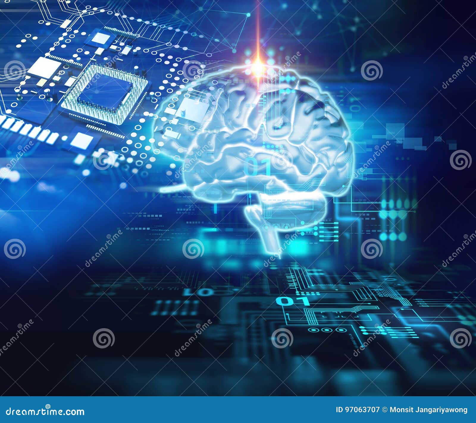3d Rendering of Human Brain on Technology Background Stock Illustration ...