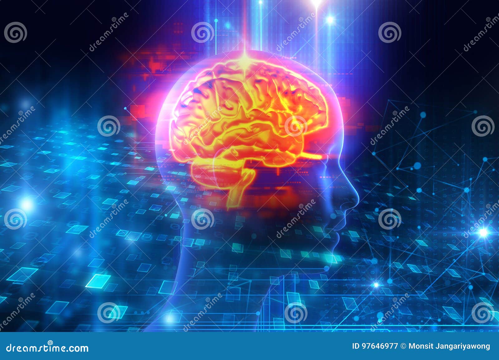 3d Rendering of Human Brain on Technology Background Stock Illustration ...