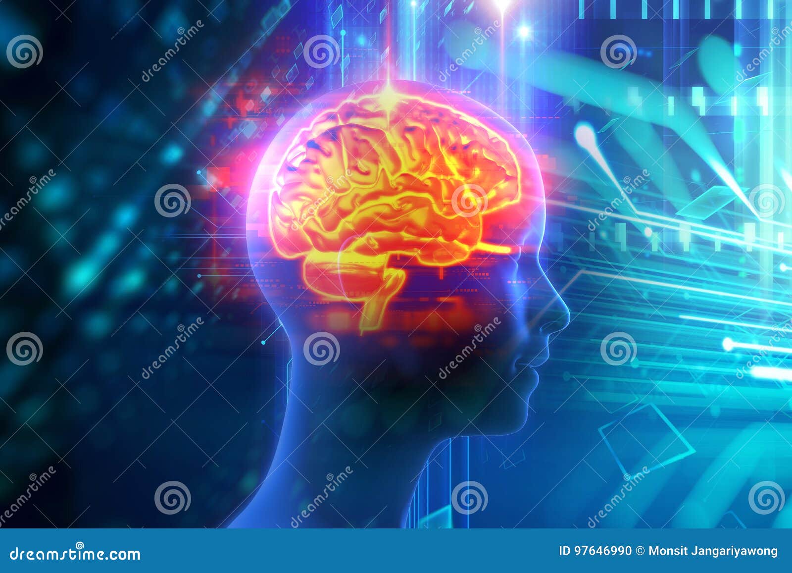 3d Rendering of Human Brain on Technology Background Stock Illustration ...