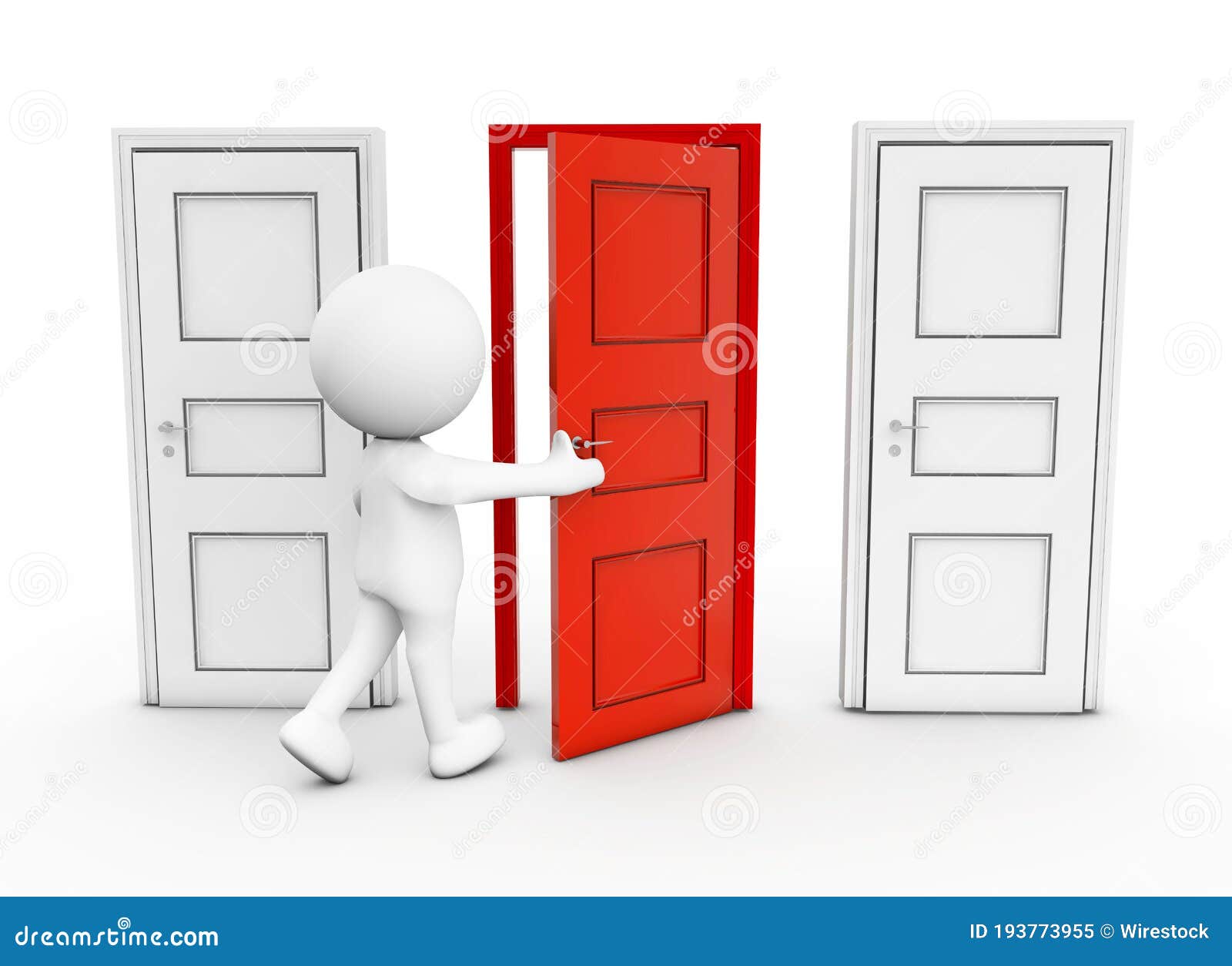 3D Rendering of a Human Character Opening a Red Door between Two White ...
