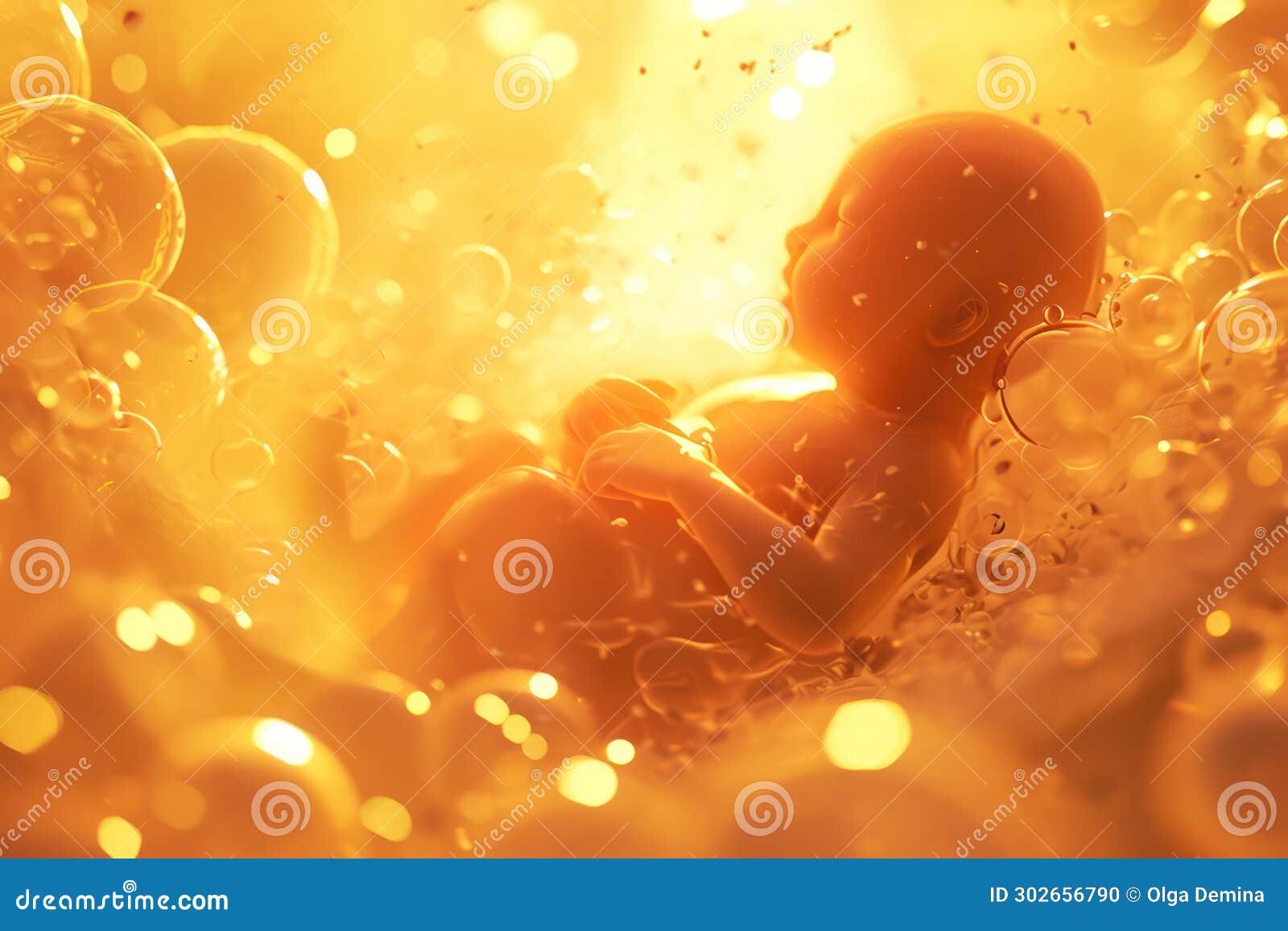 3D Rendering of a Human Embryo Suspended in a Radiant Amber Environment ...