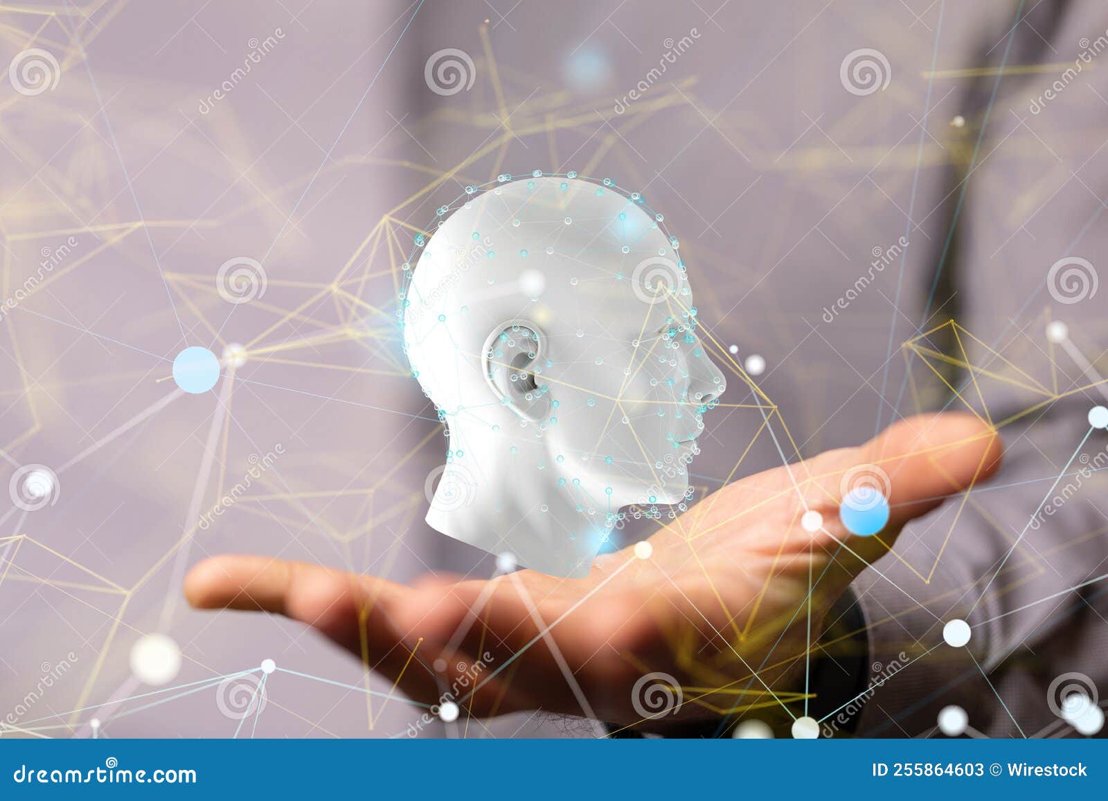 3D Rendering of a Human Face with Floating Lines and Dots in a Man S ...