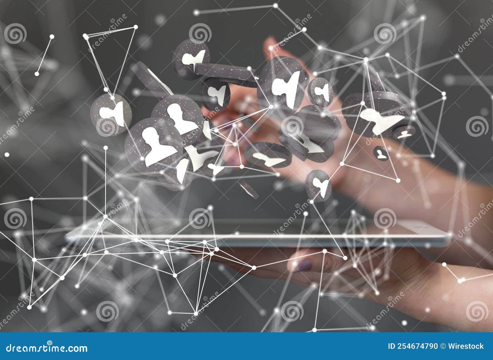 3D Rendering of Human Hand with a Tablet Showing Internet Net and Data ...