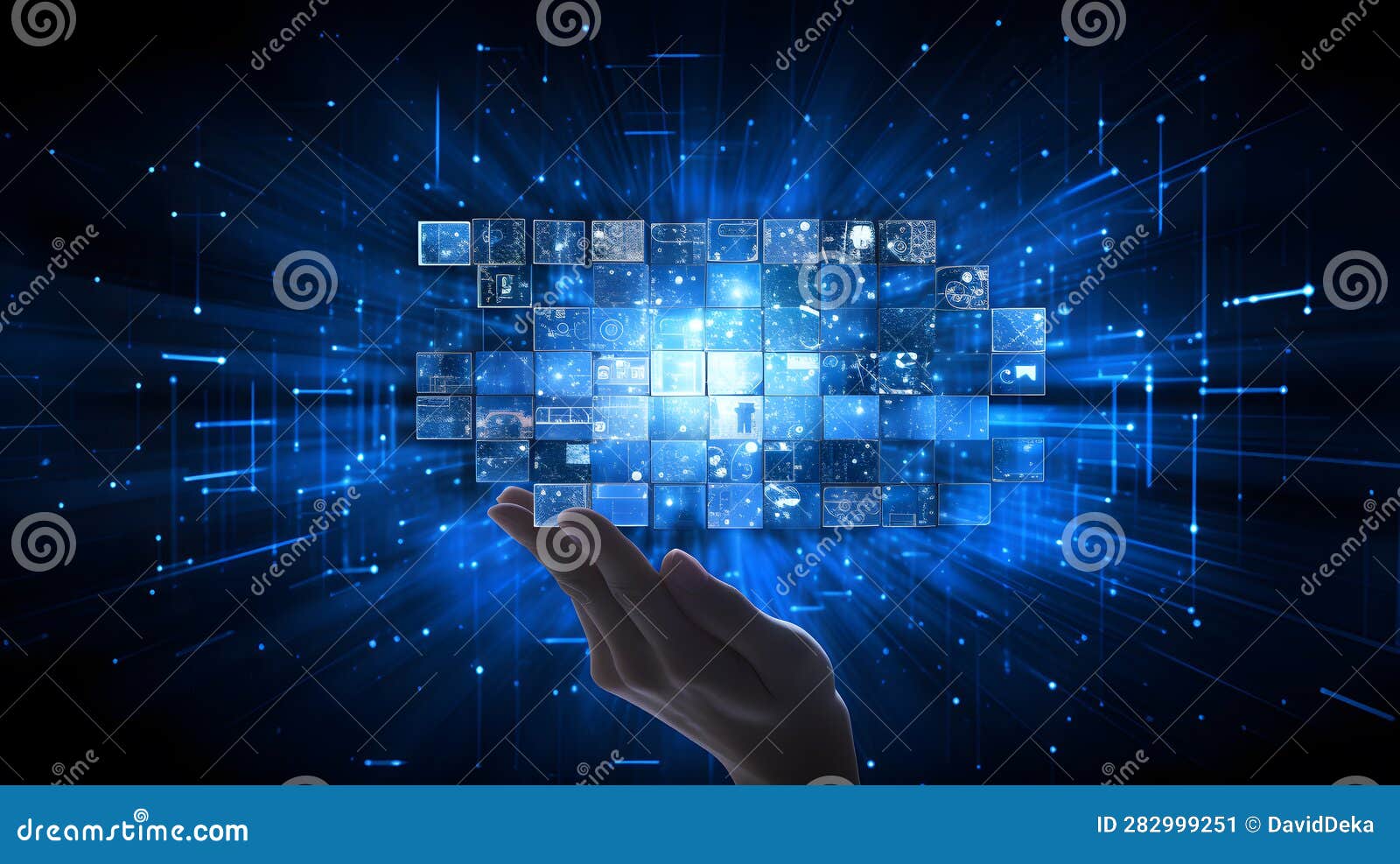 3D Rendering of Human Hand Touching Virtual Screen with Digital Binary Code Stock Illustration ...