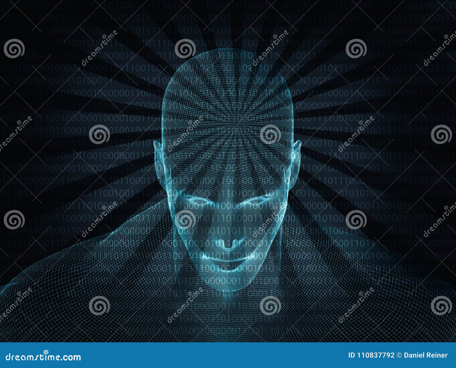 3D Rendering of Human Head with Binary Code Stock Illustration - Illustration of artificial ...