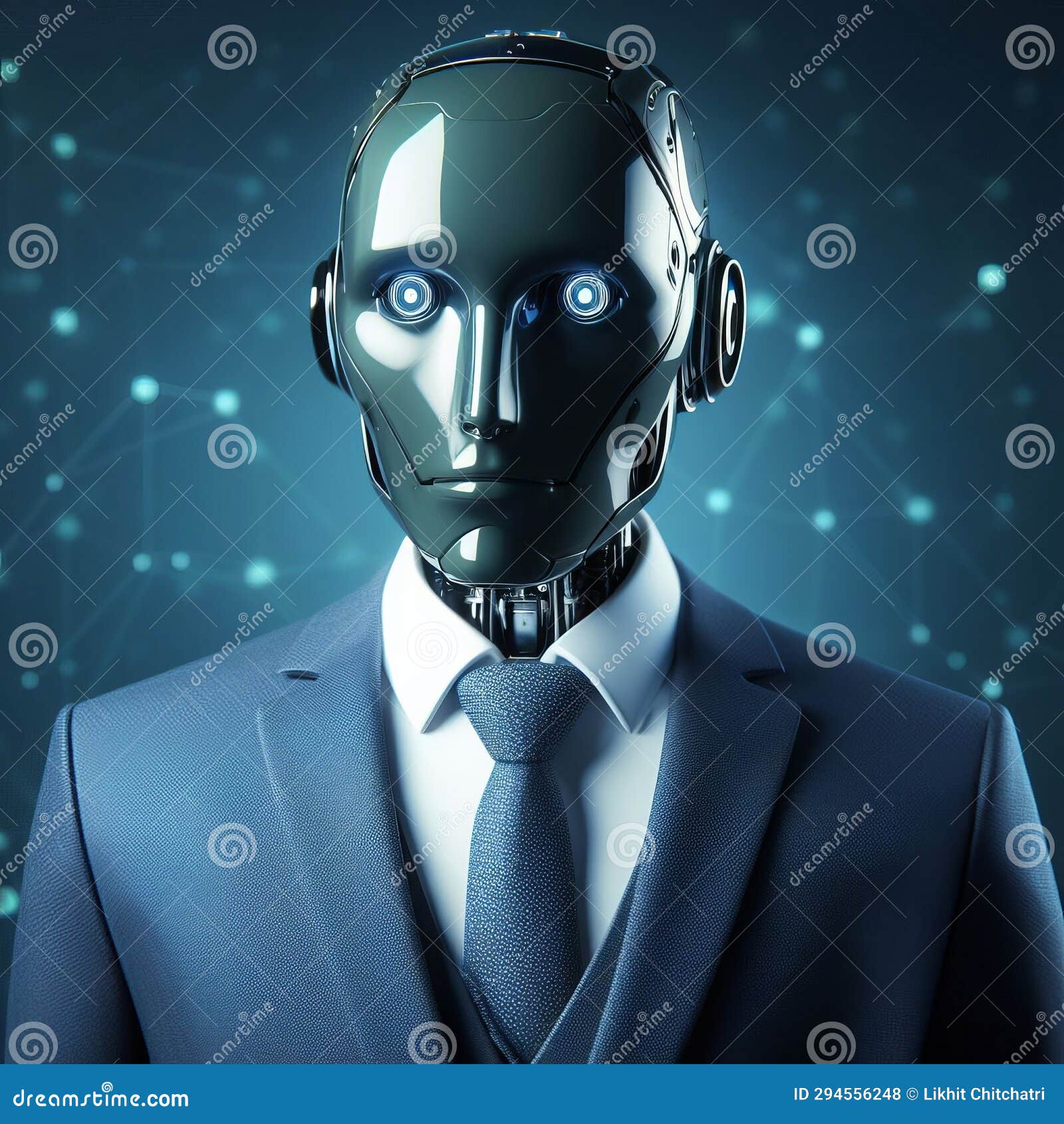 3d Rendering Humanoid Robot in Blue Suit with Connection Lines on Dark ...