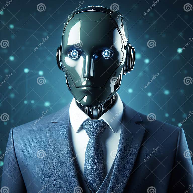 3d Rendering Humanoid Robot in Blue Suit with Connection Lines on Dark ...