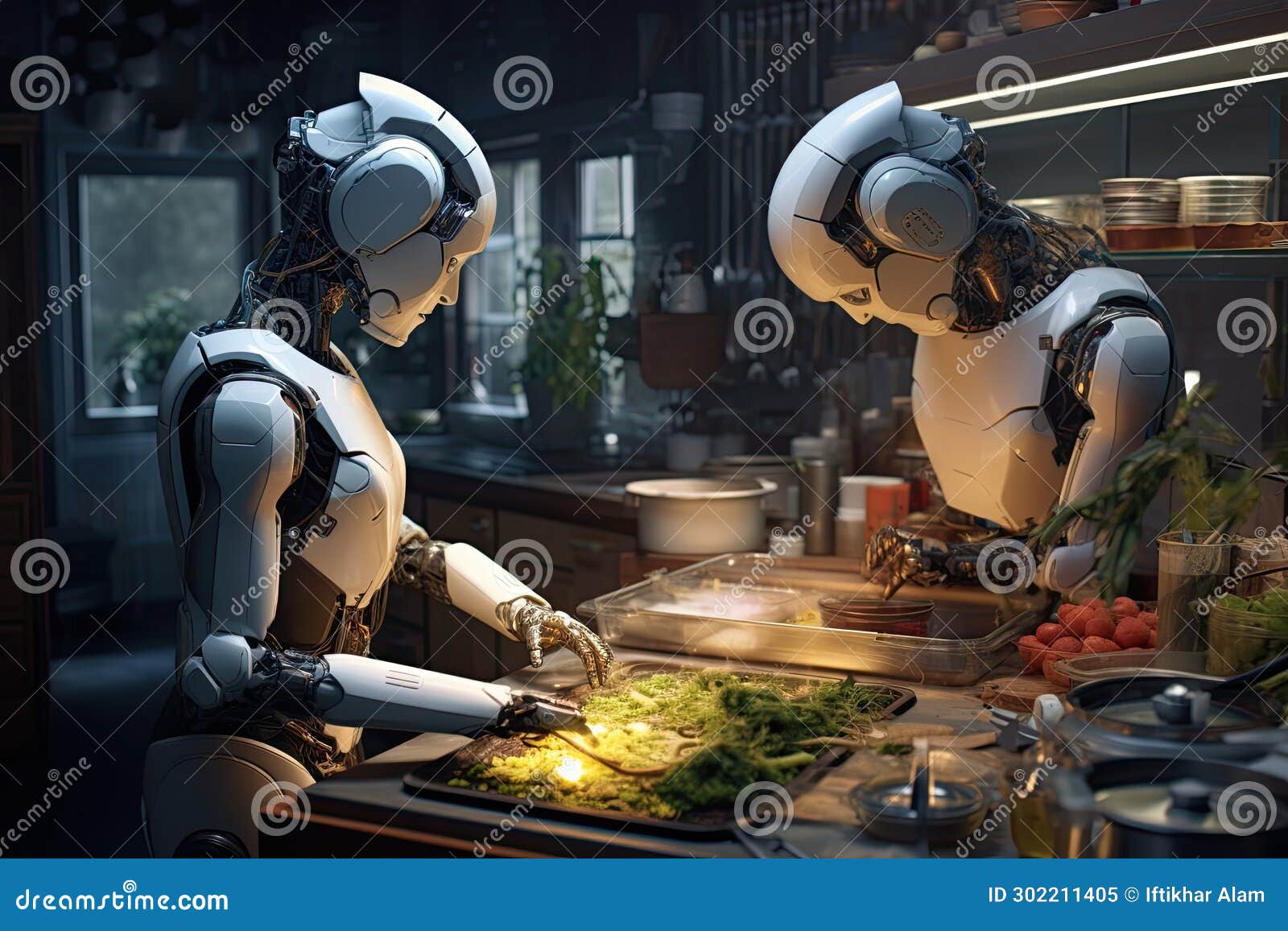 3d Rendering Humanoid Robot Cooking Food in the Kitchen at Night, AI ...