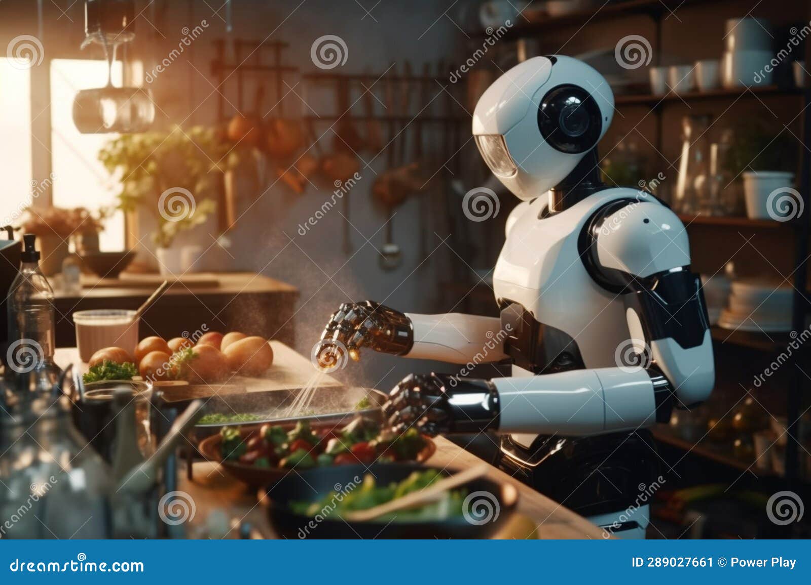 3d Rendering Humanoid Robot Cooking Vegetable Salad in Kitchen at Home ...