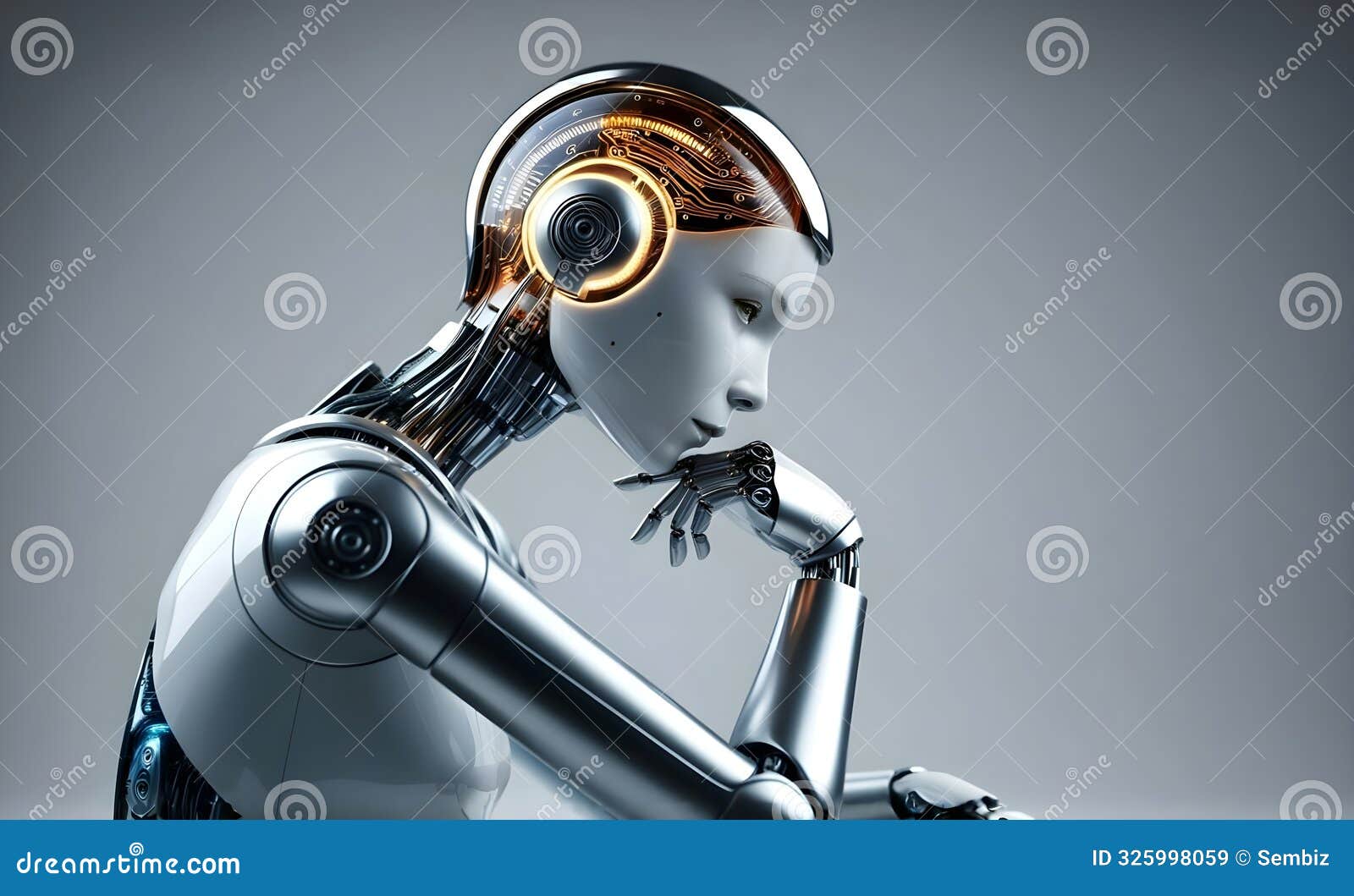 3d Rendering Humanoid Robot or Cyborg Sitting on Gray Background. Stock ...
