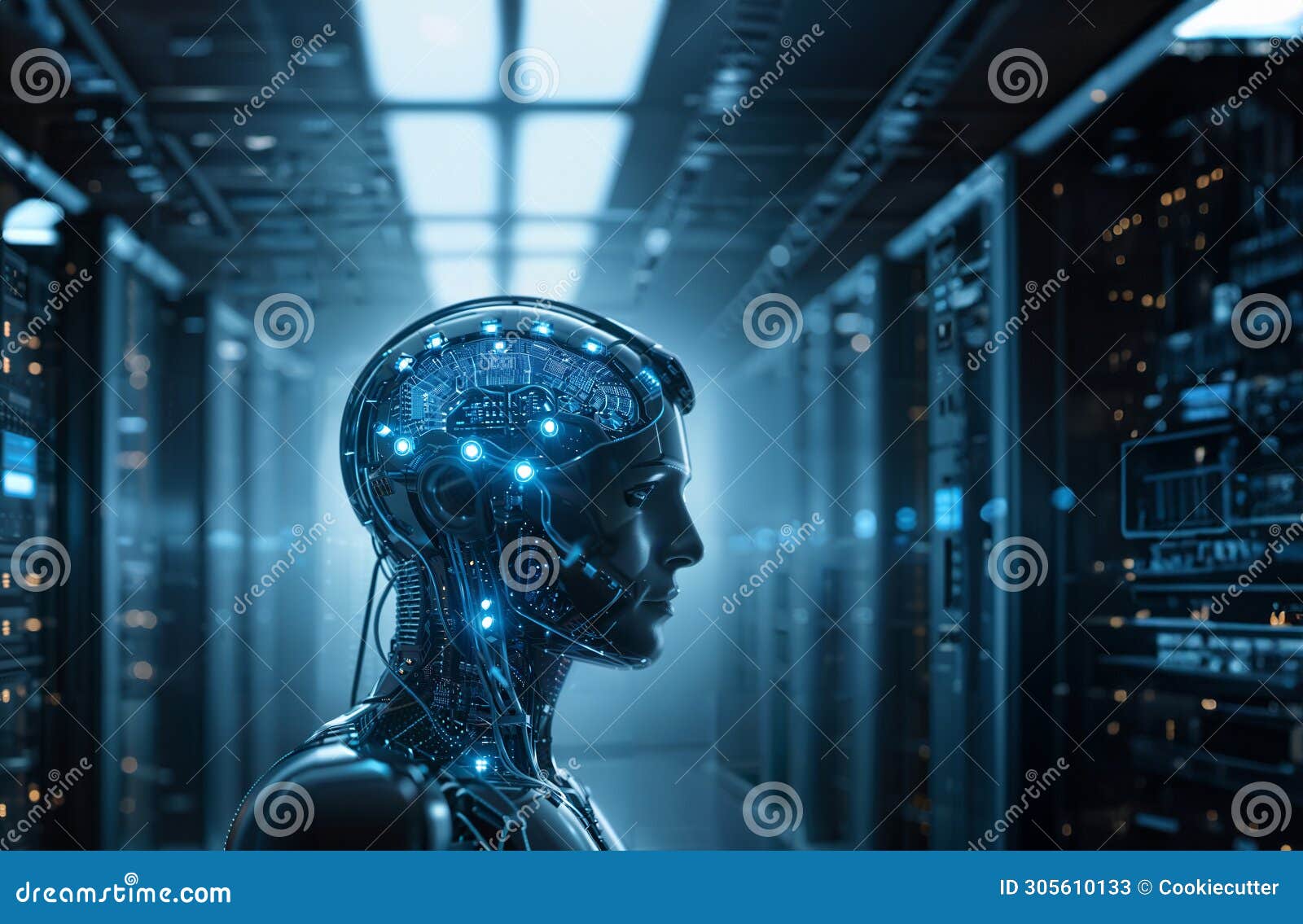 3d Rendering Humanoid Robot in Data Center or Server Room with Circuit ...