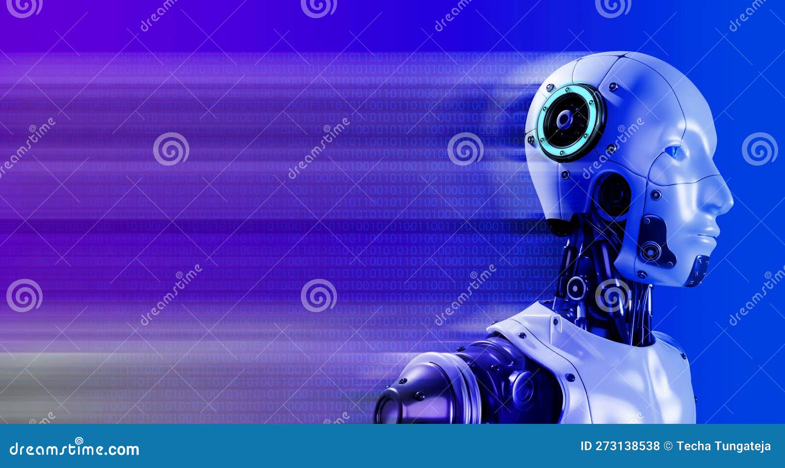 3d Rendering Humanoid Robot Portrait Moving Fast Forward With Digital Binary Code Blue Network