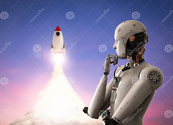 Robot with space shuttle stock photo. Image of robot - 100994476