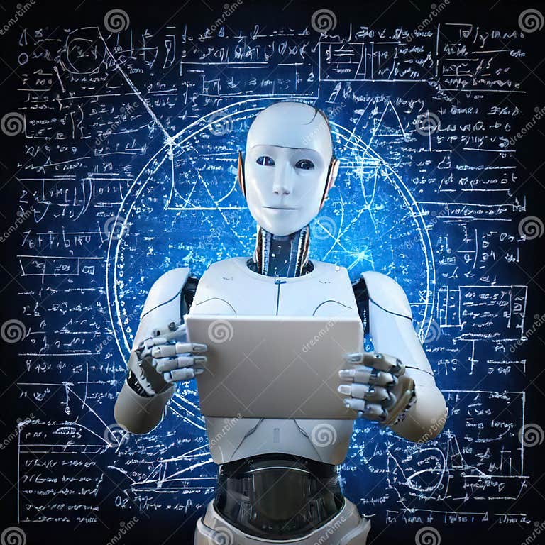 3d Rendering Humanoid Robot Using Tablet Computer with Mathematical Formulas on Background ...