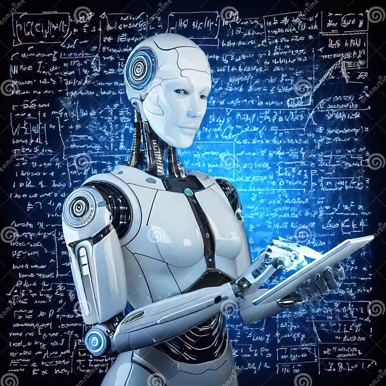 3d Rendering Humanoid Robot Using Tablet Computer with Mathematical Formulas on Background ...