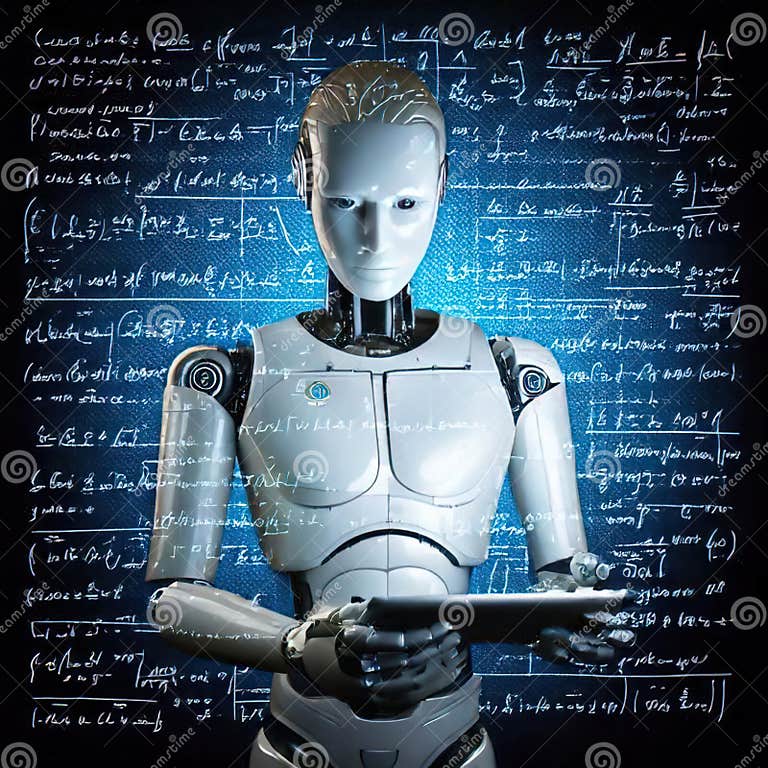 3d Rendering Humanoid Robot Using Tablet Computer with Mathematical Formulas on Background ...