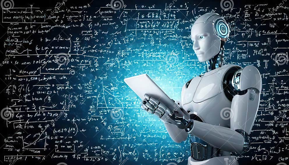 3d Rendering Humanoid Robot Using Tablet Computer with Mathematical Formulas on Background ...