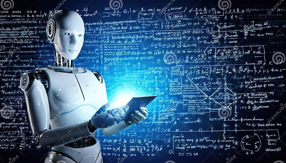 3d Rendering Humanoid Robot Using Tablet Computer with Mathematical Formulas on Background ...