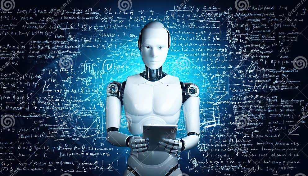 3d Rendering Humanoid Robot Using Tablet Computer with Mathematical Formulas on Background ...