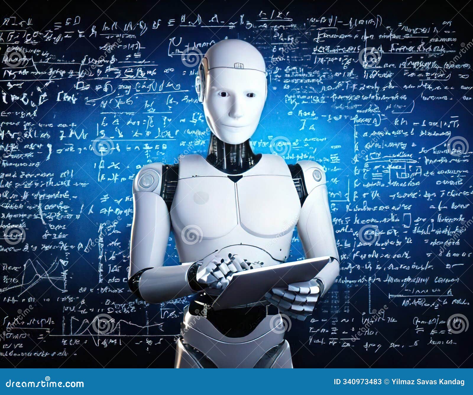 3d Rendering Humanoid Robot Using Tablet Computer with Mathematical Formulas on Background ...