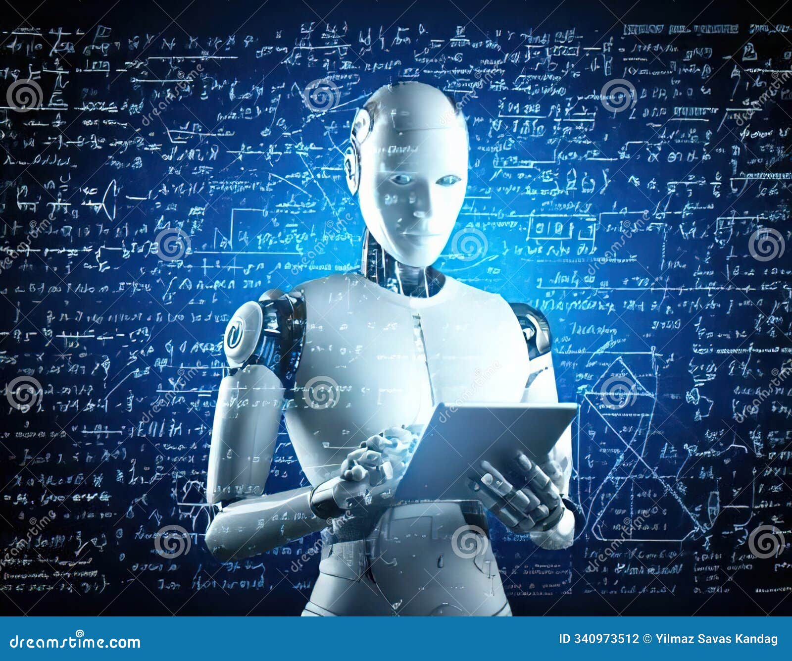 3d Rendering Humanoid Robot Using Tablet Computer with Mathematical Formulas on Background ...