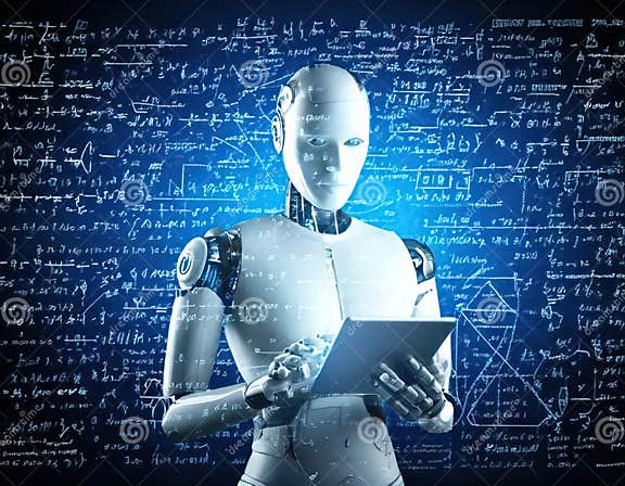 3d Rendering Humanoid Robot Using Tablet Computer with Mathematical Formulas on Background ...