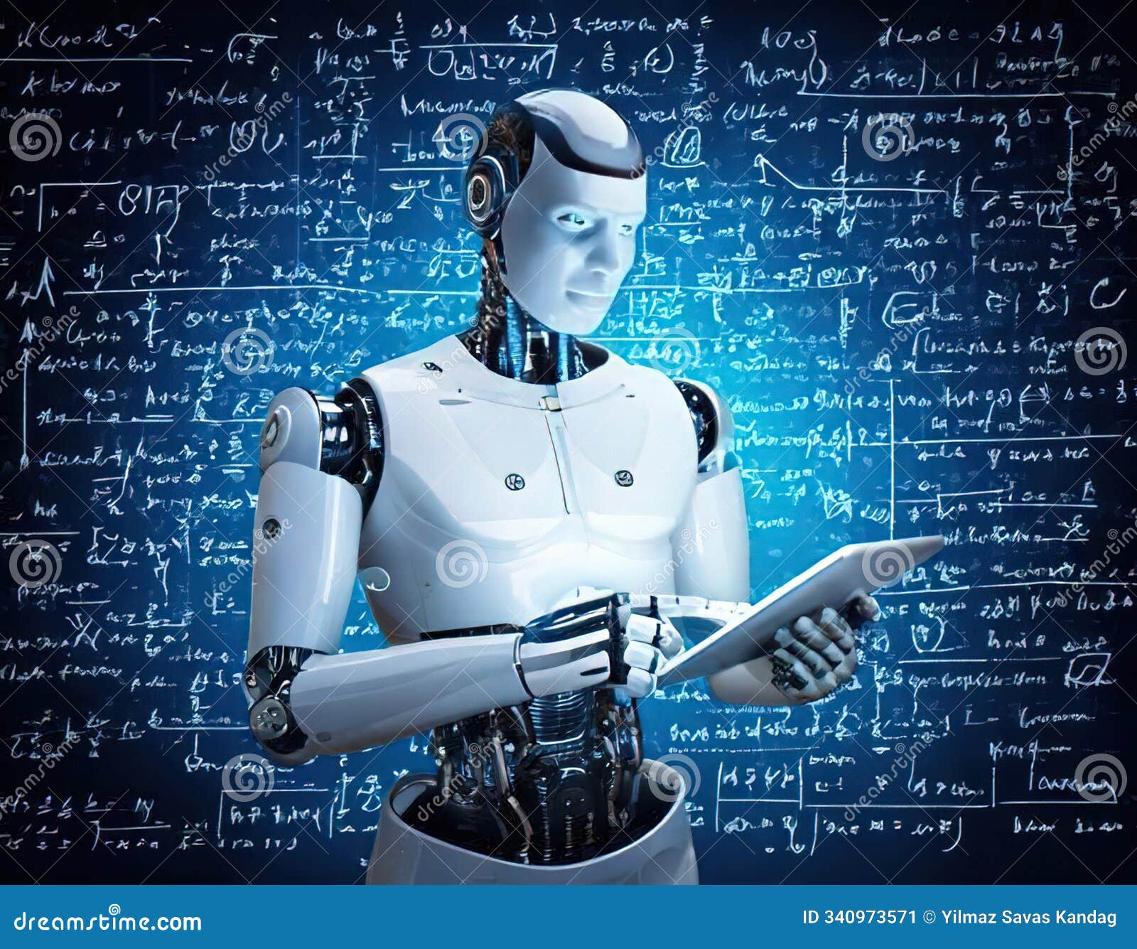3d Rendering Humanoid Robot Using Tablet Computer with Mathematical Formulas on Background ...