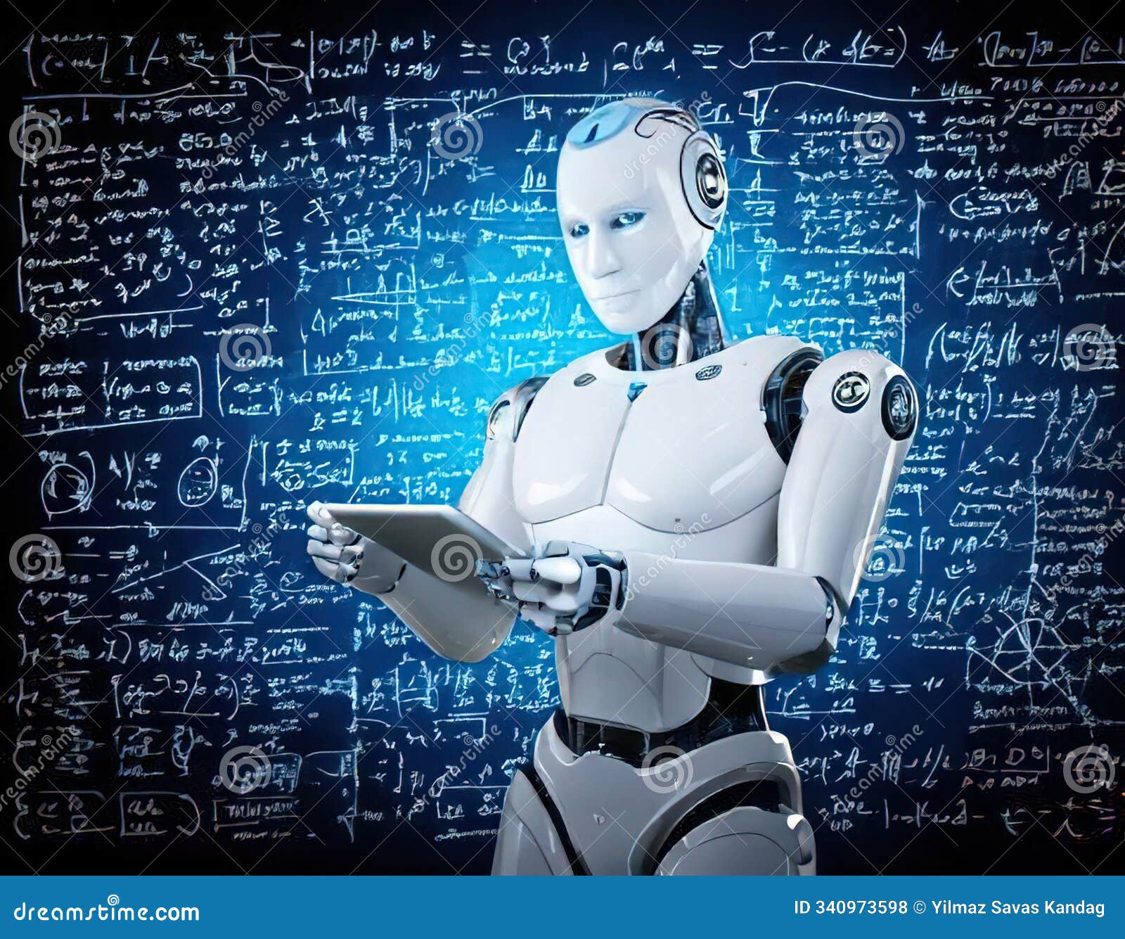 3d Rendering Humanoid Robot Using Tablet Computer with Mathematical Formulas on Background ...