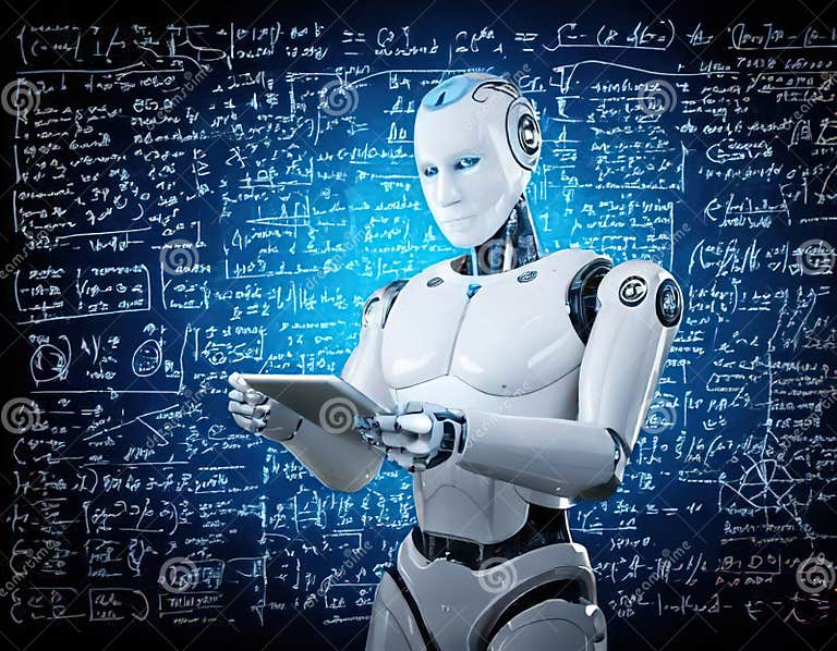 3d Rendering Humanoid Robot Using Tablet Computer with Mathematical Formulas on Background ...
