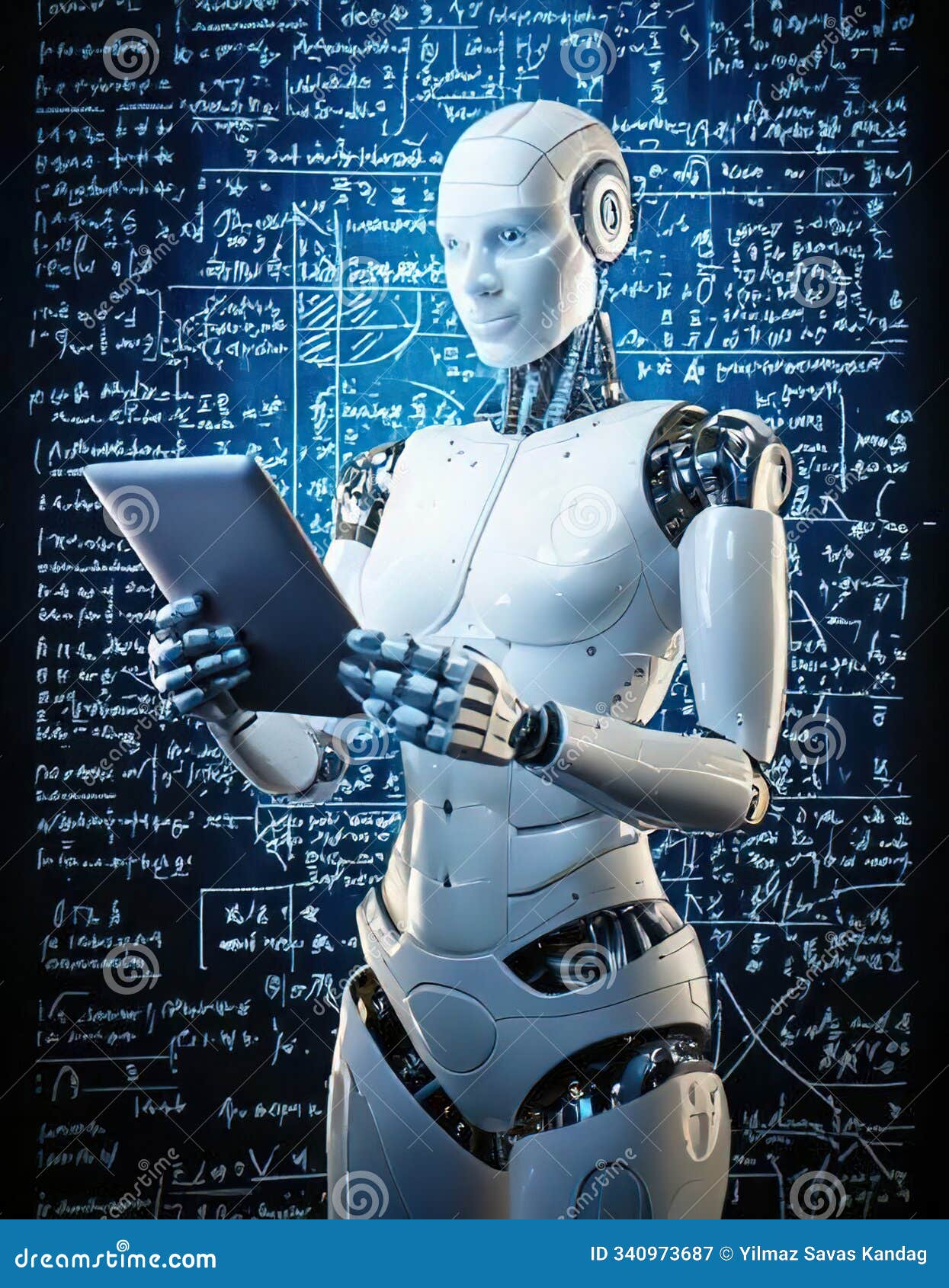 3d Rendering Humanoid Robot Using Tablet Computer with Mathematical Formulas on Background ...