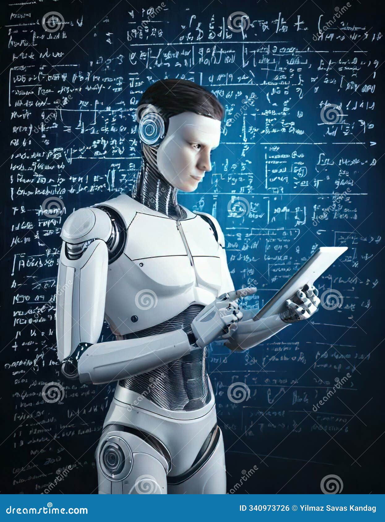 3d Rendering Humanoid Robot Using Tablet Computer with Mathematical Formulas on Background ...