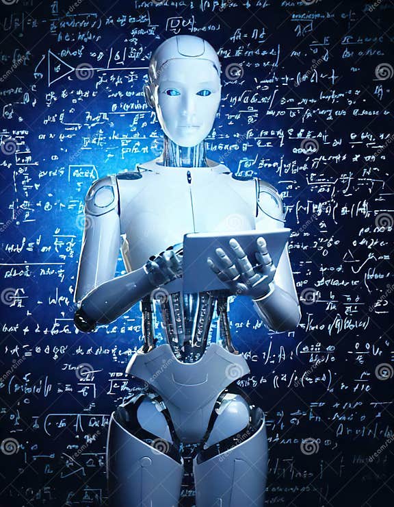 3d Rendering Humanoid Robot Using Tablet Computer with Mathematical Formulas on Background ...