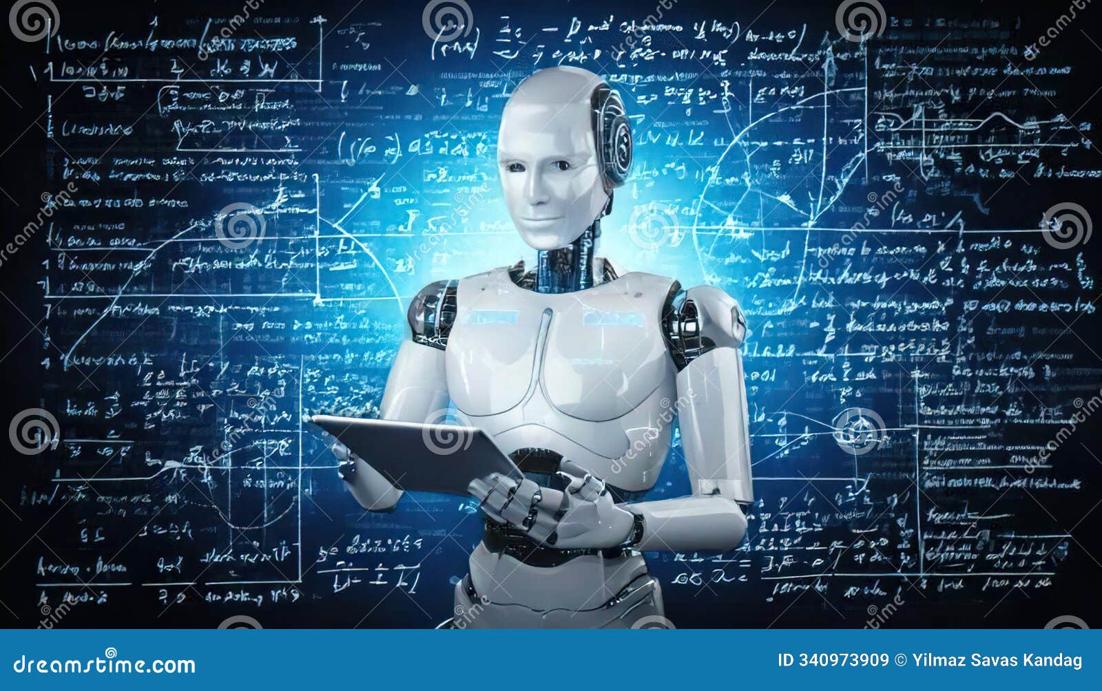 3d Rendering Humanoid Robot Using Tablet Computer with Mathematical Formulas on Background ...