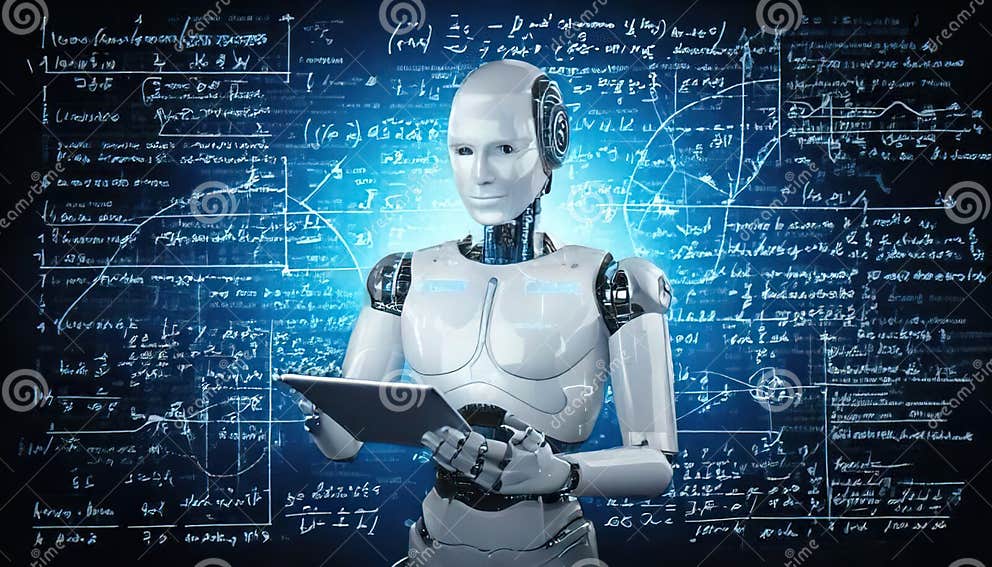 3d Rendering Humanoid Robot Using Tablet Computer with Mathematical Formulas on Background ...